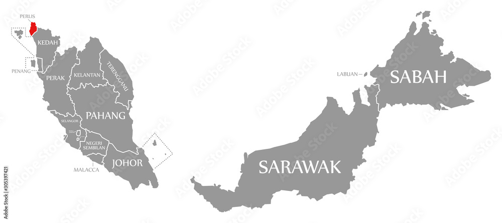 Perlis red highlighted in map of Malaysia Stock Illustration | Adobe Stock