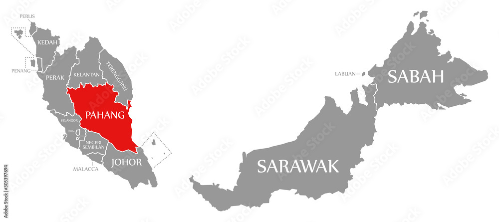 Pahang red highlighted in map of Malaysia Stock Illustration | Adobe Stock