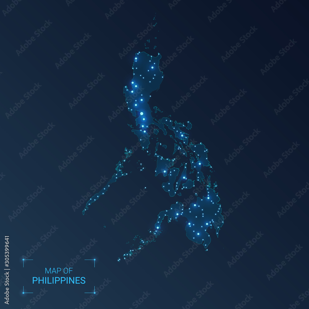 Philippines map with cities. Luminous dots - neon lights on dark ...