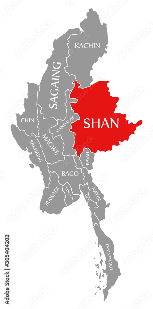 Shan red highlighted in map of Myanmar Stock Illustration | Adobe Stock