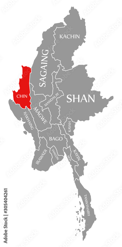 Chin red highlighted in map of Myanmar Stock Illustration | Adobe Stock