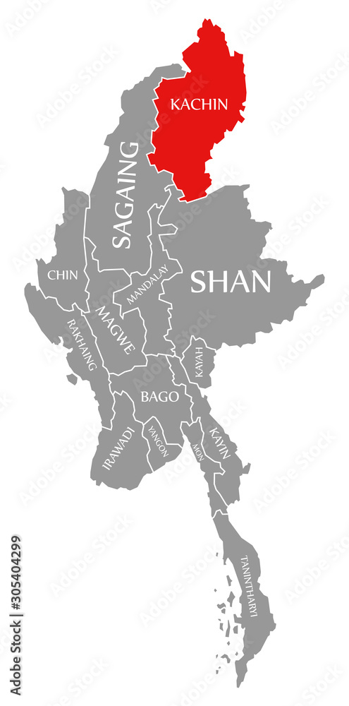 Kachin red highlighted in map of Myanmar Stock Illustration | Adobe Stock