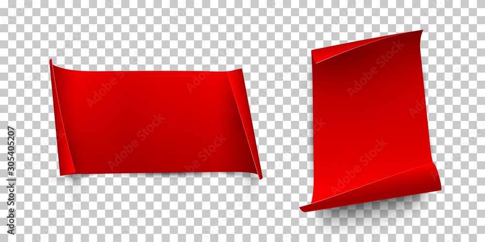 Red vertical and horizontal paper sheets with curled edges isolated on ...