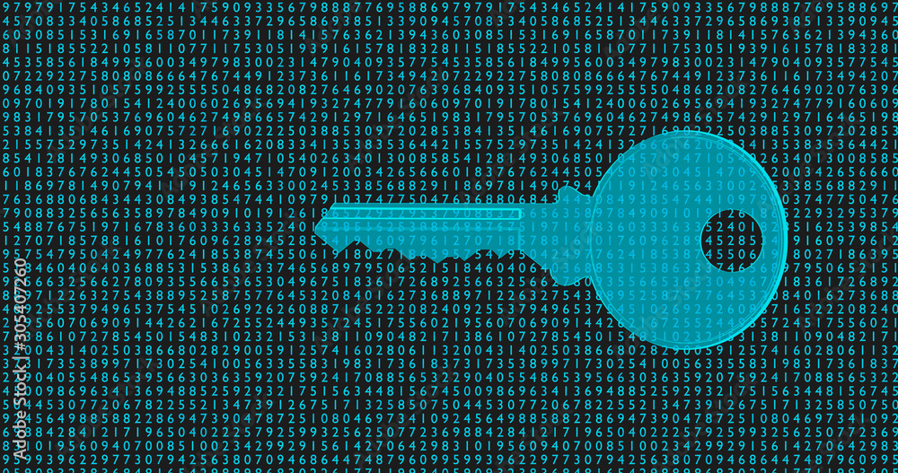 Cyber security concept. Transparent key and a wall of digits. 3D ...