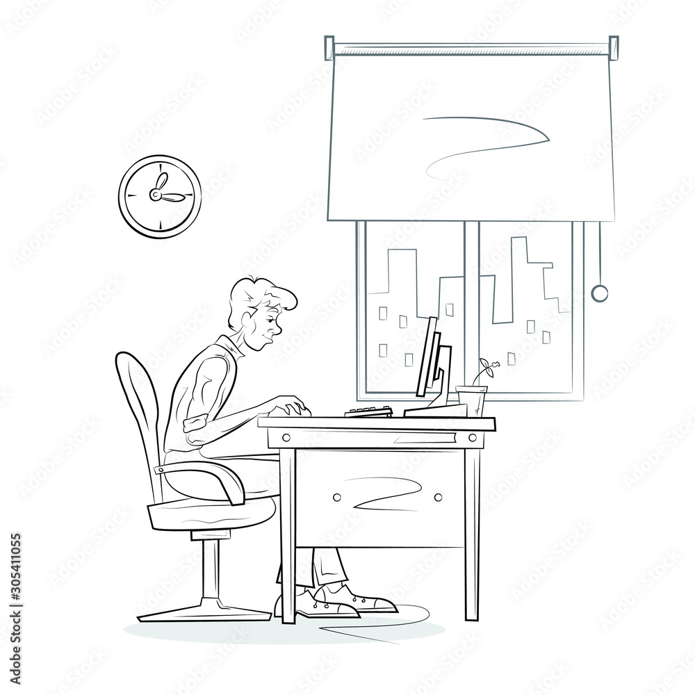 Man works on the computer. Hand drawn sketch vector illustration. Stock ...