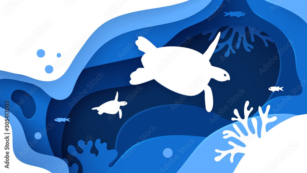 Underwater world. Paper art underwater ocean concept with turtles ...