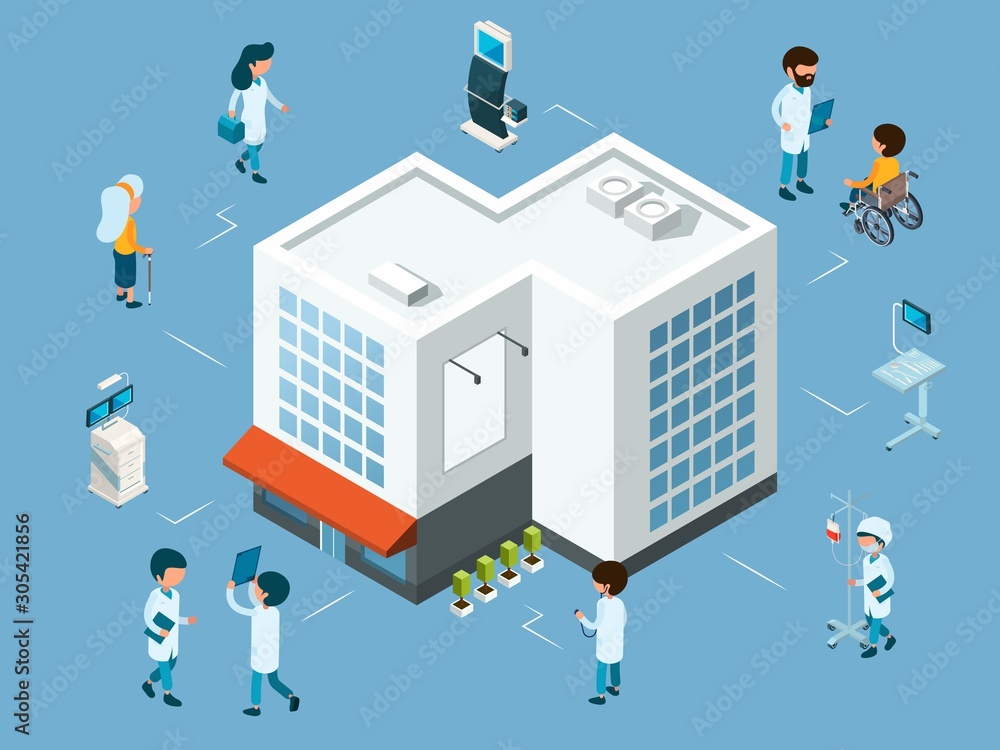 Hospital concept. Isometric doctors, medical equipment and patients ...