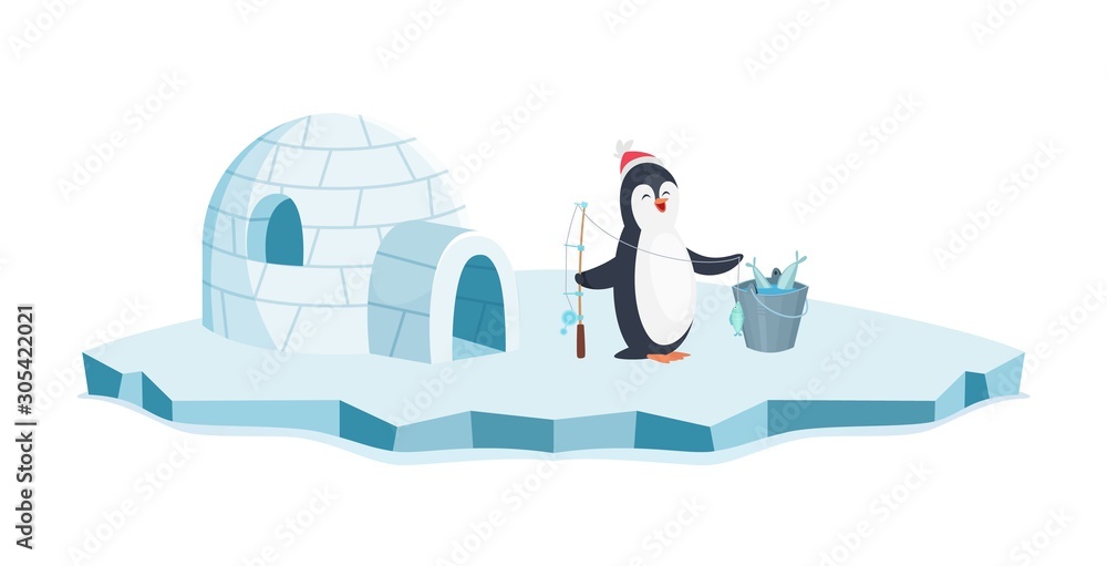 Happy penguin fishing. Christmas penguin on ice and bucket of fish ...