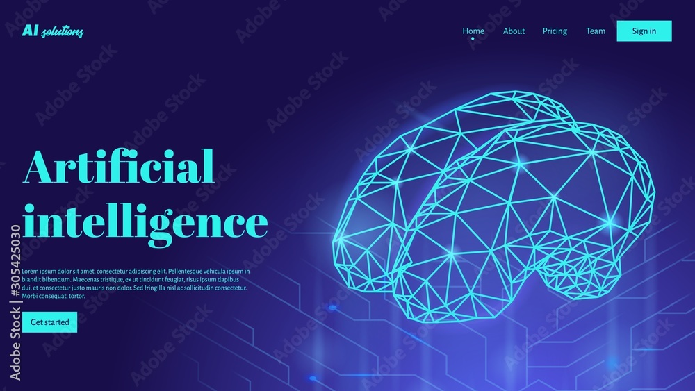 Artificial intelligence landing page header concept with digital brain ...
