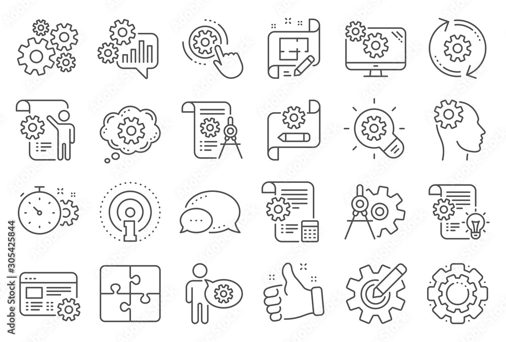 Engineering line icons. Set of Idea bulb, Dividers tools and Blueprint ...