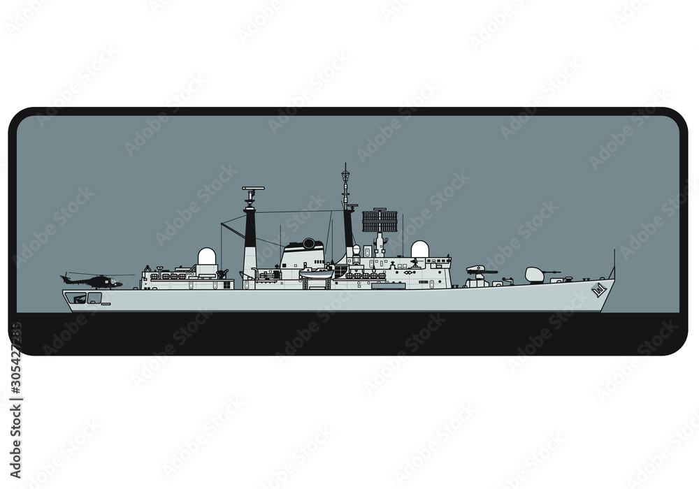 Royal Navy. Type 42 Sheffield class guided missile destroyer. Side view ...
