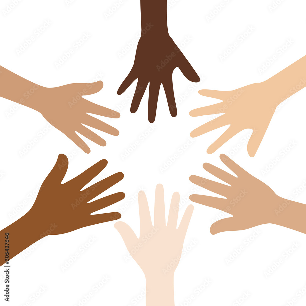Flat vector illustration of people with different skin colors putting ...