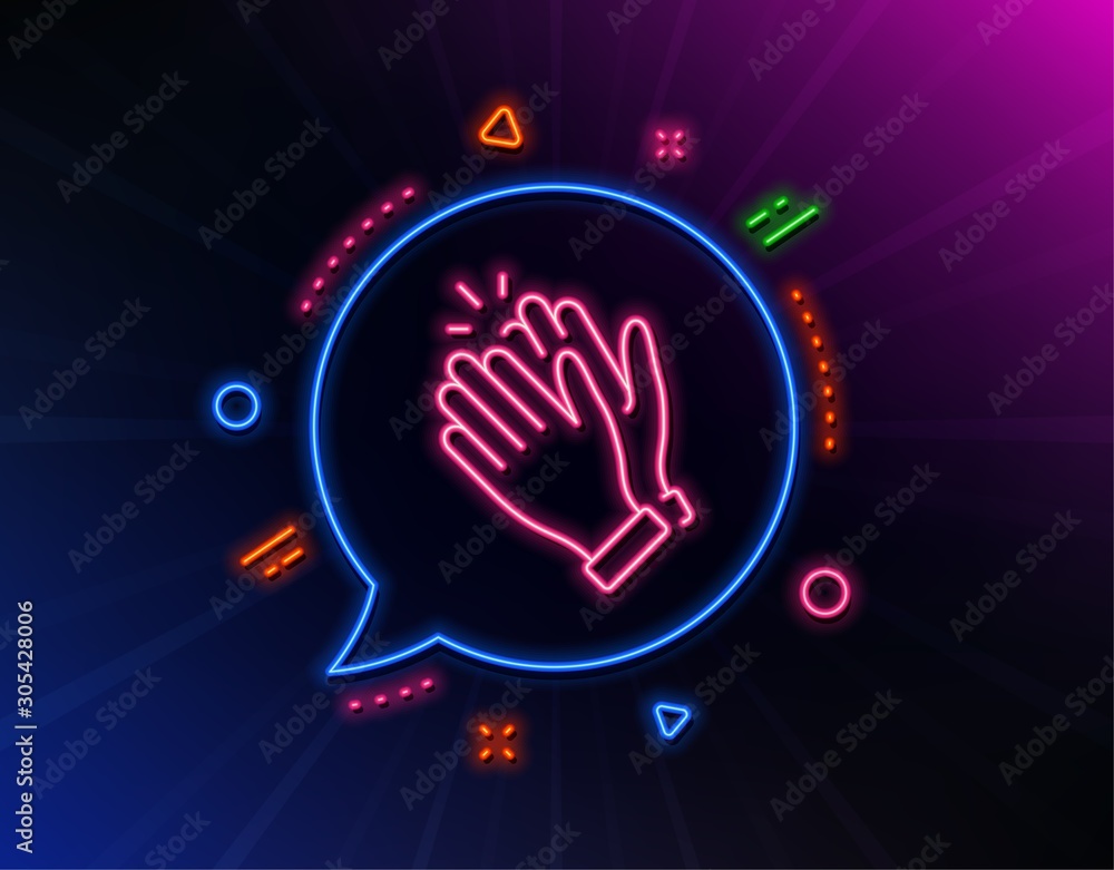 Clapping hands line icon. Neon laser lights. Clap sign. Victory gesture ...