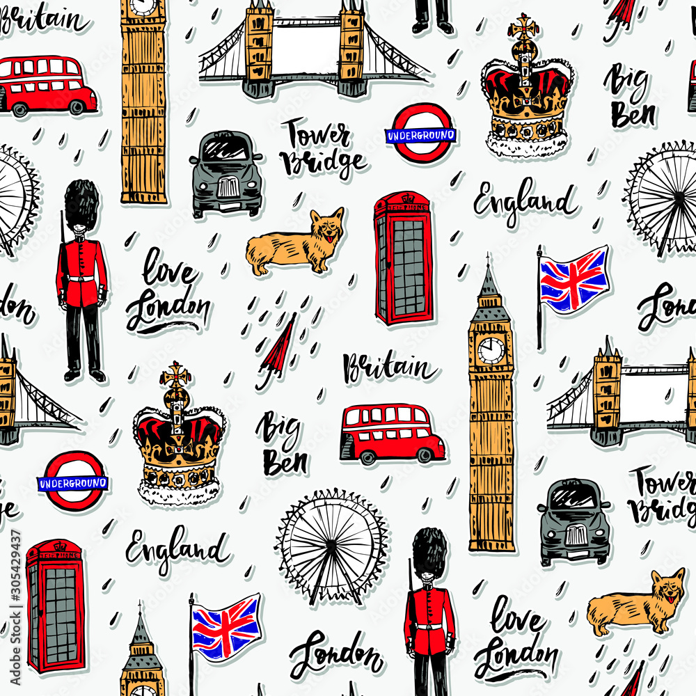 London city pattern. Hand drawn set with, tower bridge, crown, big ben ...