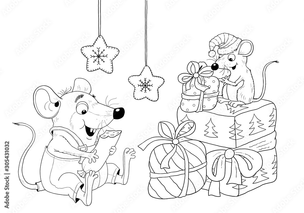 New 2020 Year. Christmas. Year of the Rat. Coloring page. Illustration ...