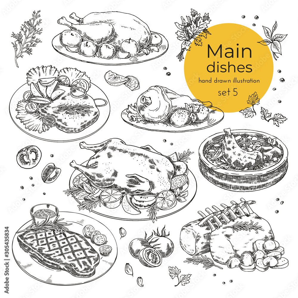 set of illustrations with main dishes for menu design. meat dishes ...
