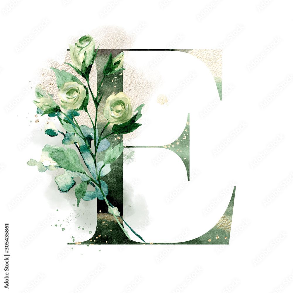 Floral alphabet, letter E with watercolor flowers, leaf and gold ...
