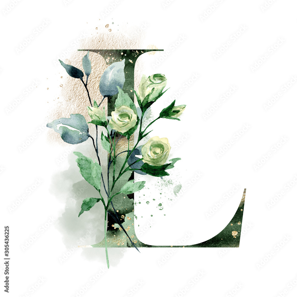 Floral alphabet, letter L with watercolor flowers, leaf and gold ...