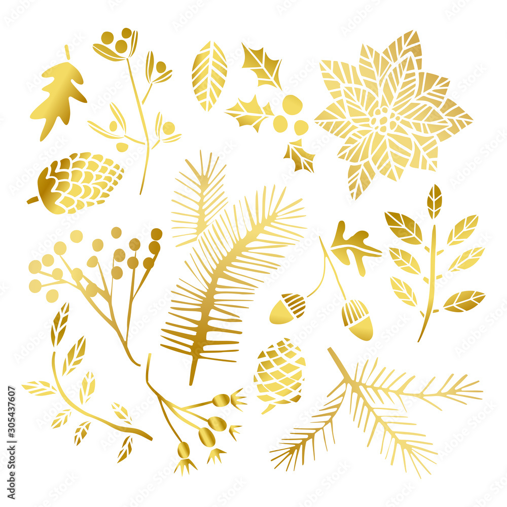 Gold leaf winter set. Christmas golden leaves. Holiday winter flower ...