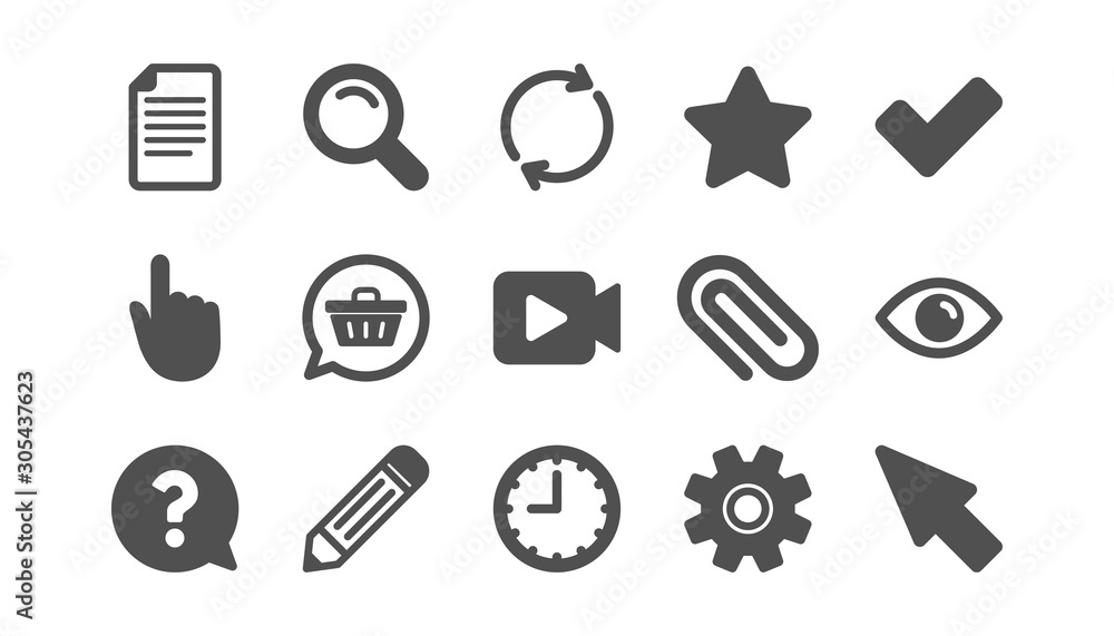 Document, Time and Question mark icons. Search, Video camera and Check ...