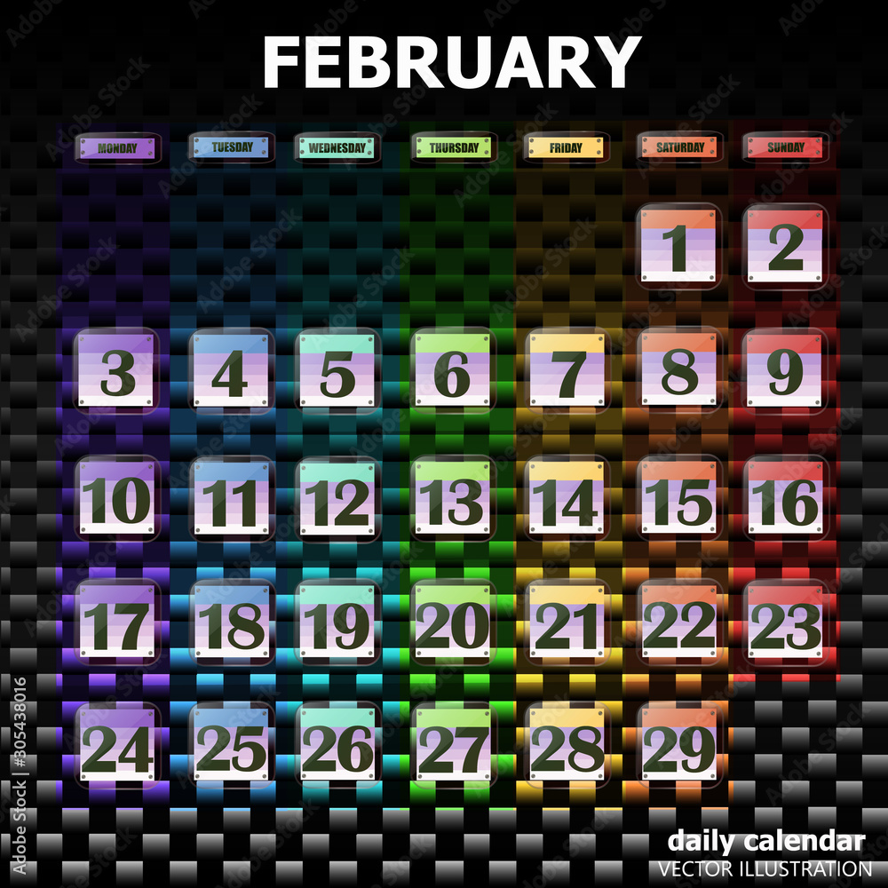 Vettoriale Stock Colorful calendar for February 2020 in english. Set of ...