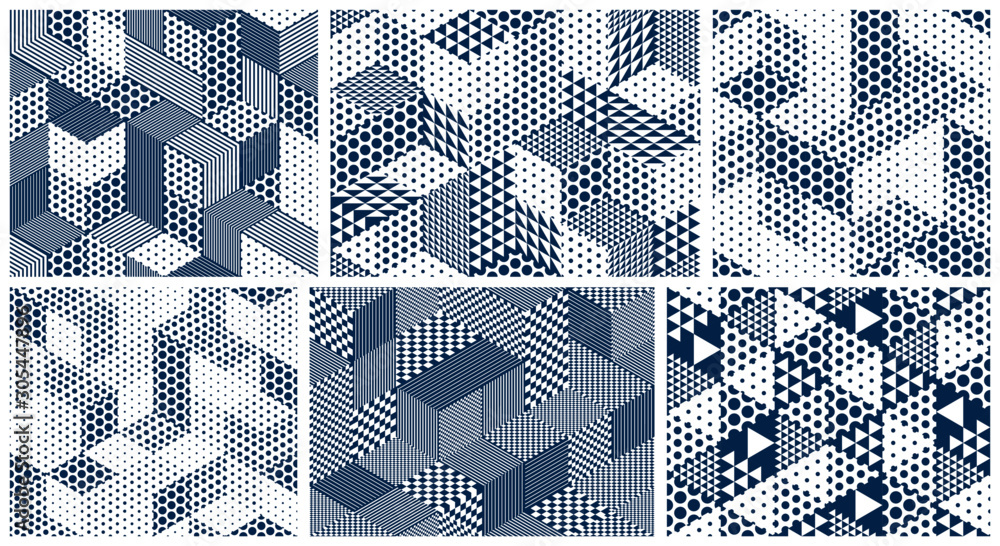 3D dotted cubes seamless patterns vector backgrounds set, dots ...
