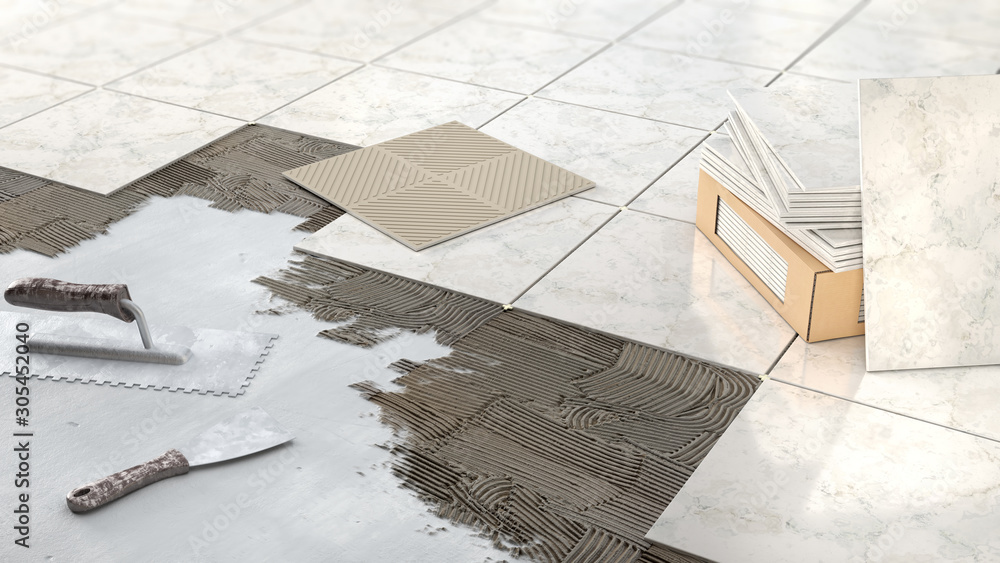 Process of laying marble tiles on floor, 3d illustration Stock Photo ...