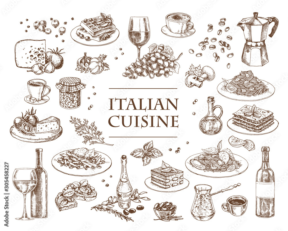 Italian Cuisine vector illustration. Set of traditional italian dishes ...