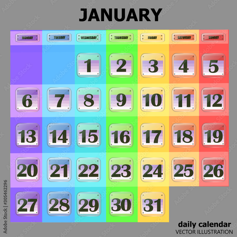 Colorful Calendar For January 2020 In English Set Of Buttons With colorful-calendar-for-january-2020-in-english-set-of-buttons-with