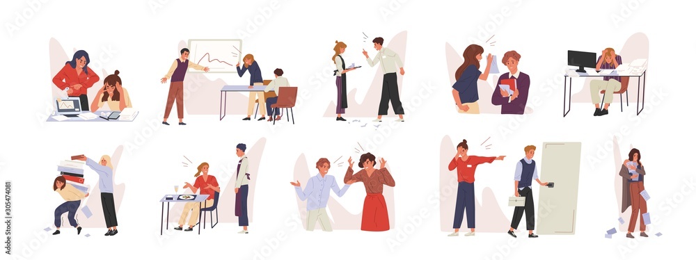 Rudeness in business team vector illustrations set. Bad job, adverse ...