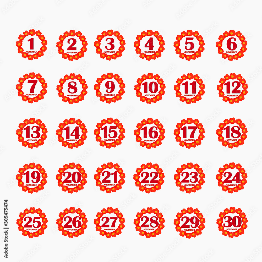 Set of buttons with calendar dates for the month of November. For ...