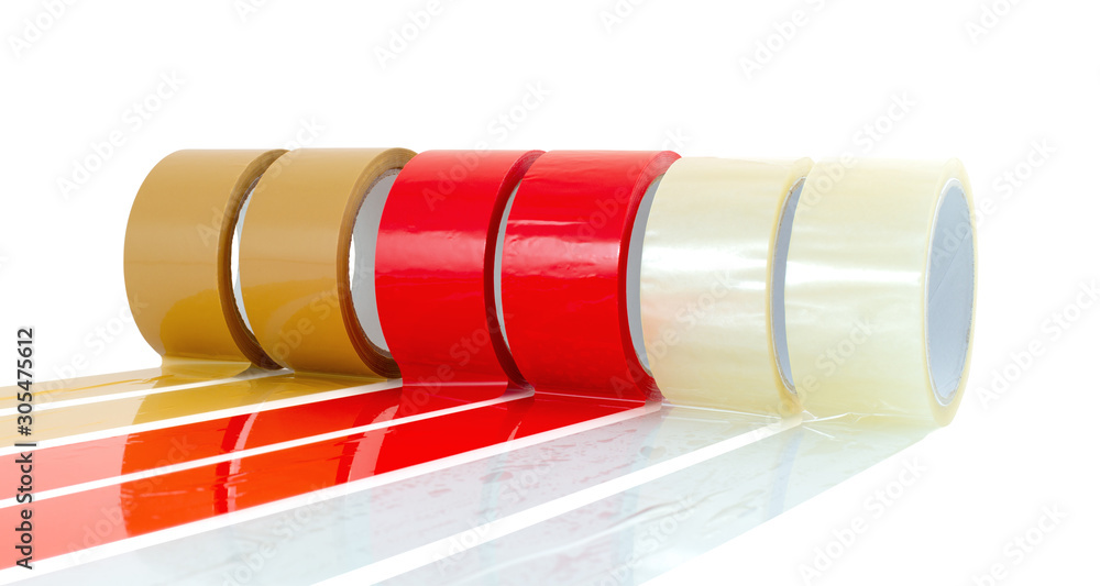 Brown, red and transparent (clear) adhesive tape isolated on white ...