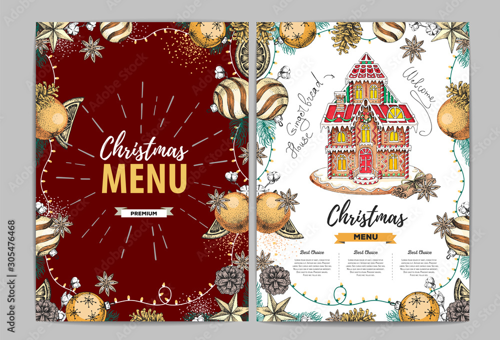 Christmas menu design with sweet gingerbread house and christmas ...