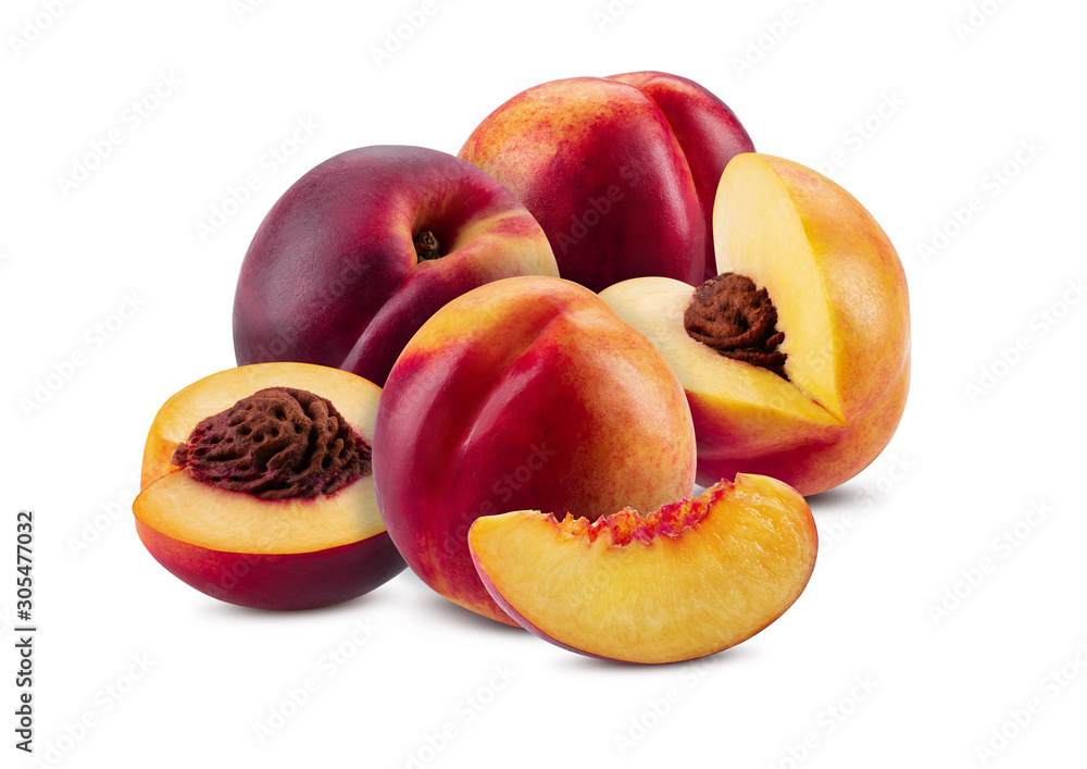 Set of smooth-skinned whole nectarines and parts with kernels and ...
