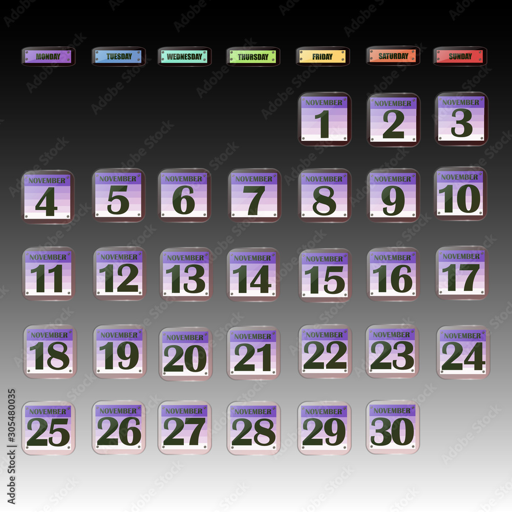 Set of buttons with calendar dates for the month of November. For ...