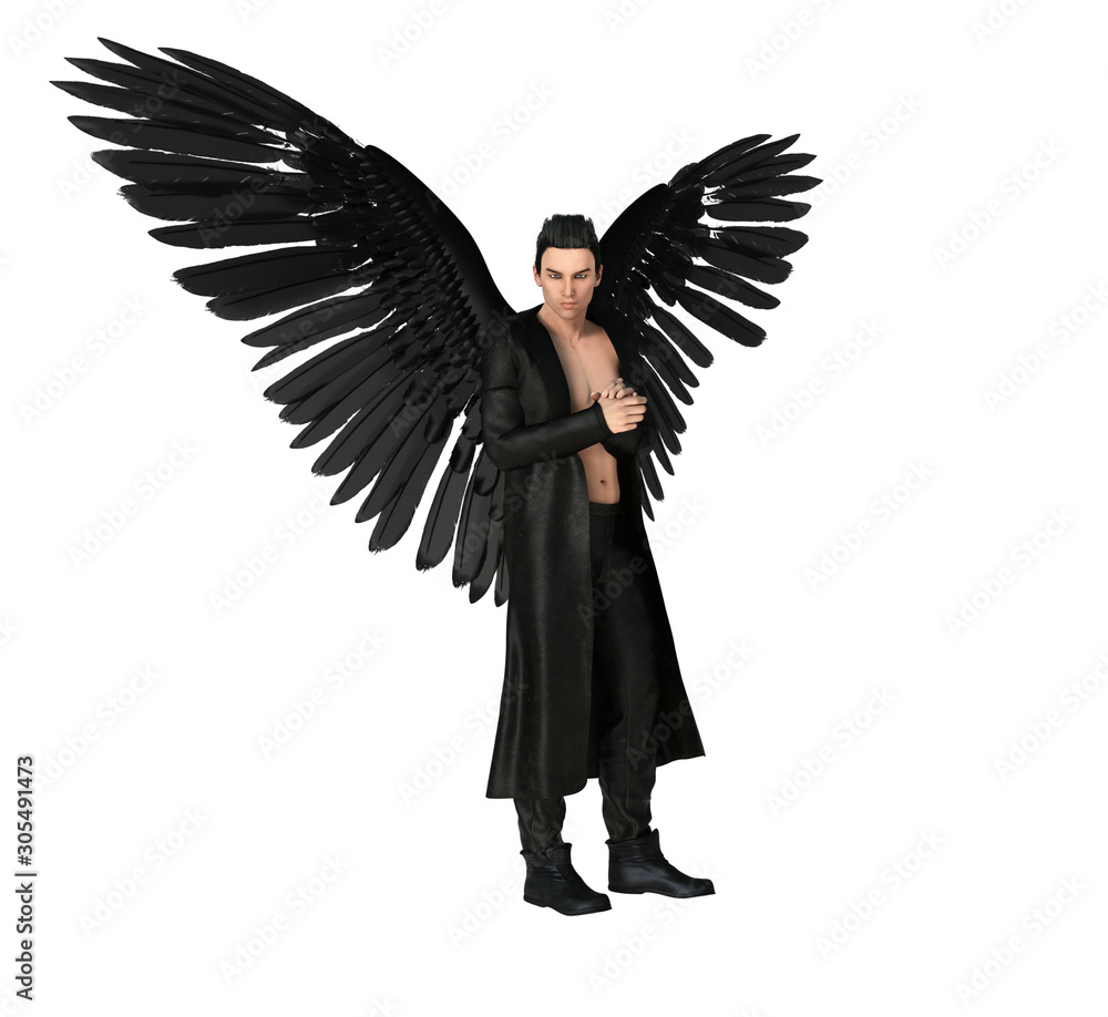 Black angel with wings standing, looking evil. Isolated on white. 3D ...