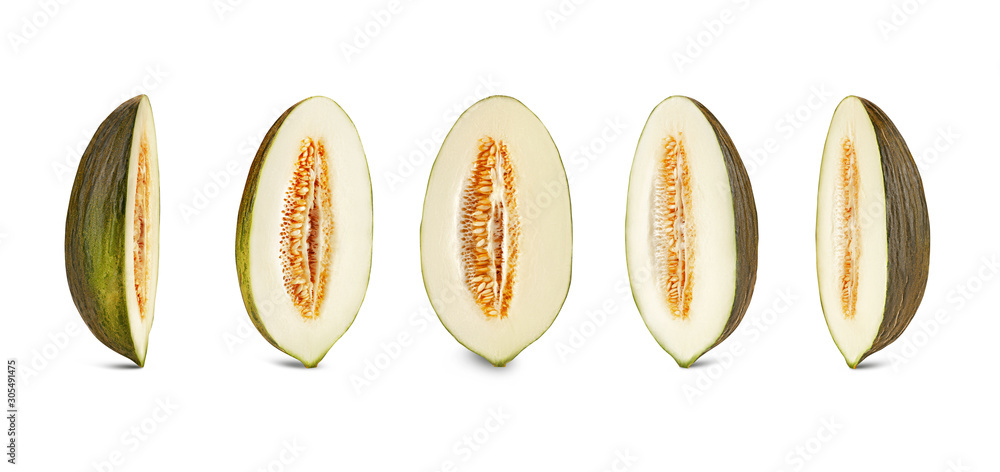 Five yummy green tendral melon halves in cross-section, isolated on ...