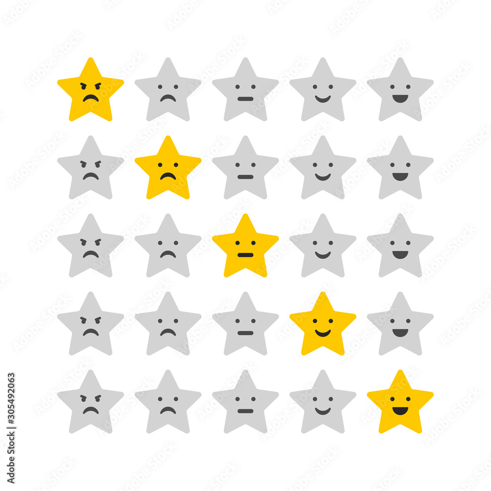 5 star rating icons. Quality assessment system with emoji stars. Vector ...
