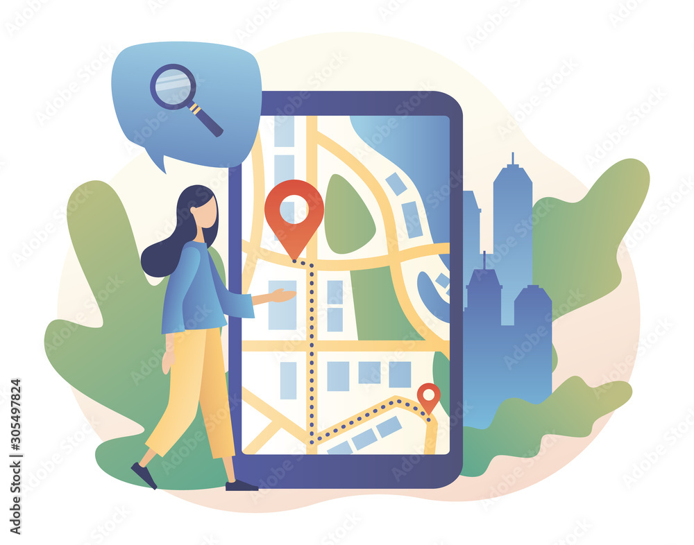 GPS navigation concept. Tiny girl search for location on smartphone ...