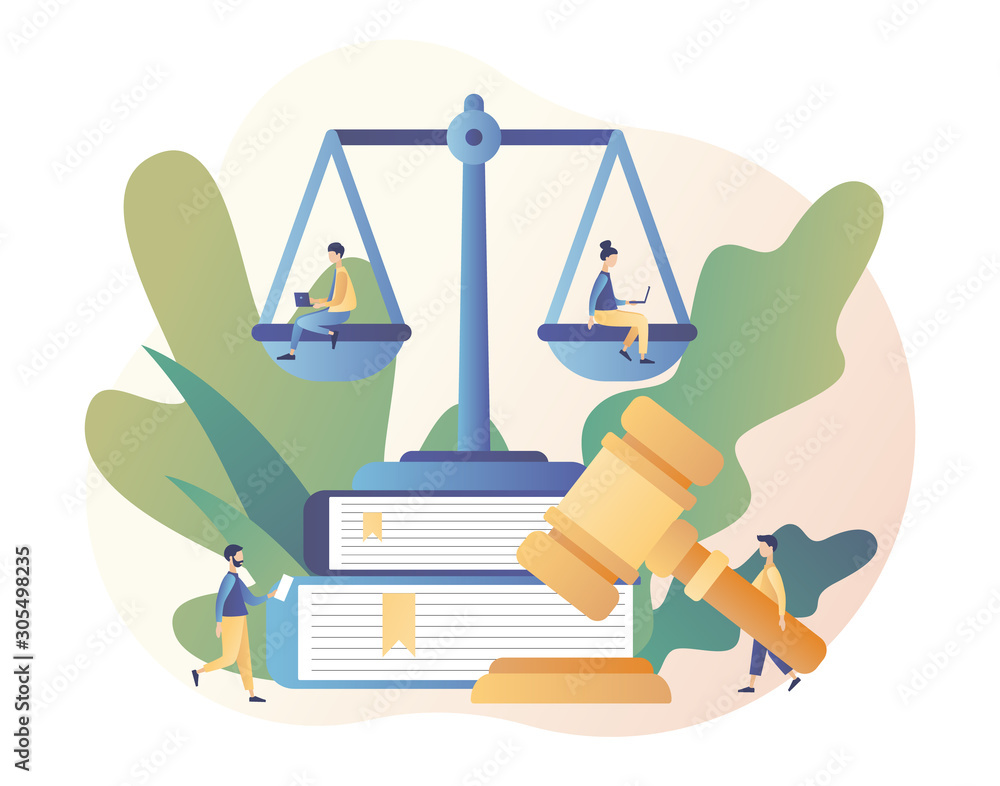 Law and Justice Concept. Justice scales, judge and judge gavel. Tiny ...