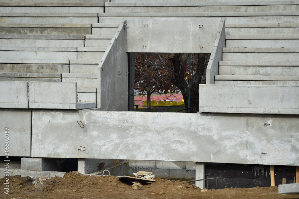 Sports arena construction works. Detail with concrete stairs. Stock ...