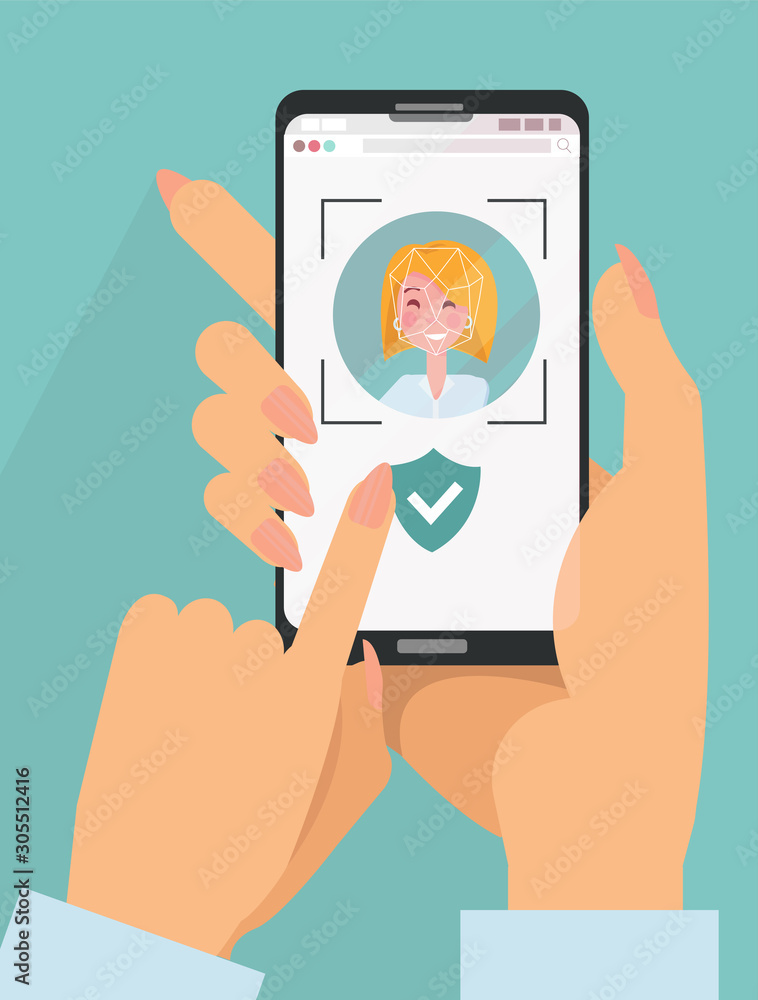 Identity verification. Face detect and recognition. Scanning process on ...