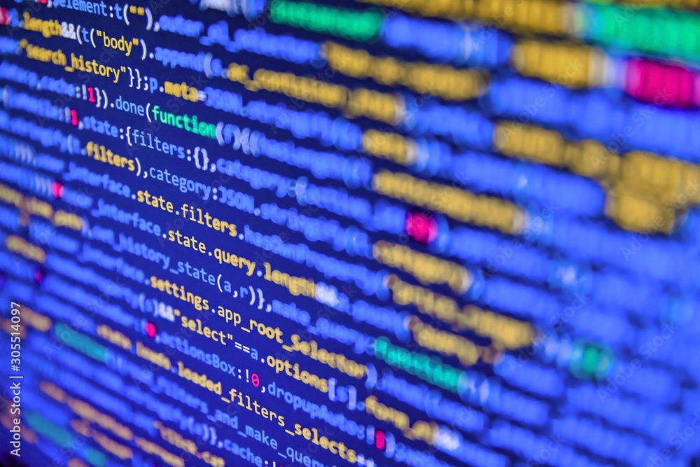 Software engineer at work. Php language and coding function developer. Binary code digital ...