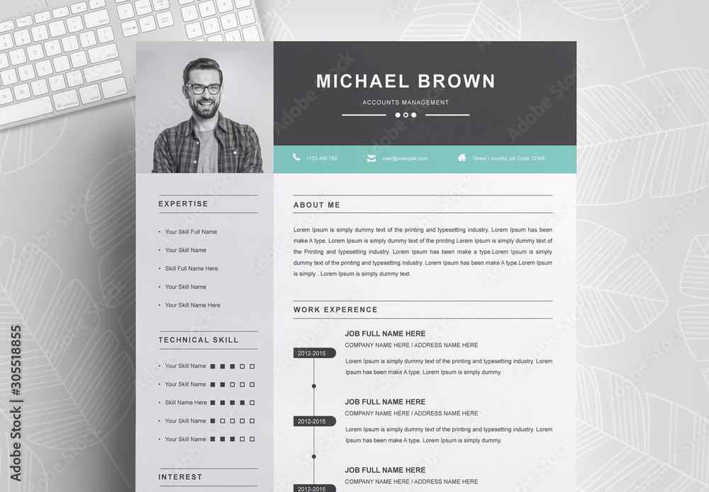 Resume Layout with Dark Header and Blue Accents Stock Template | Adobe ...