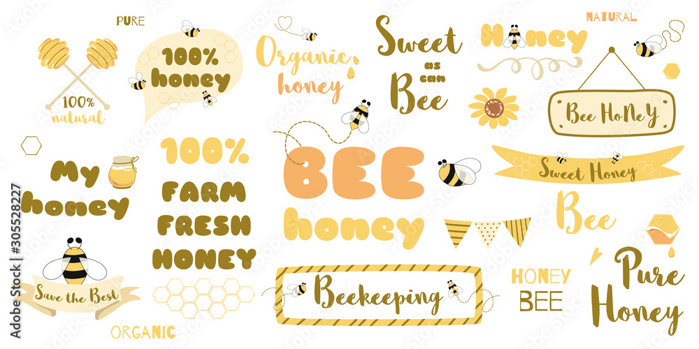 Honey text set bee words phrases Typography quotes yellow honeycomb ...