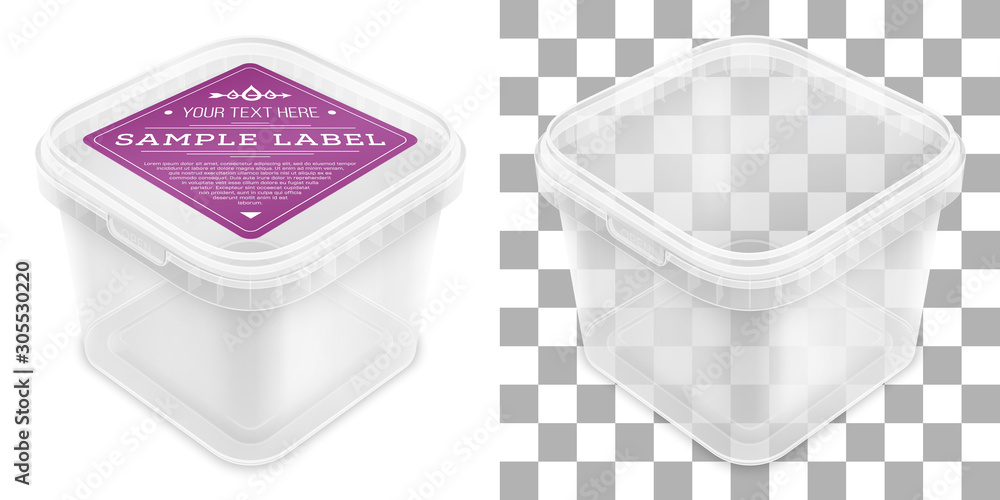 Vector transparent square empty plastic bucket with label. Top view ...