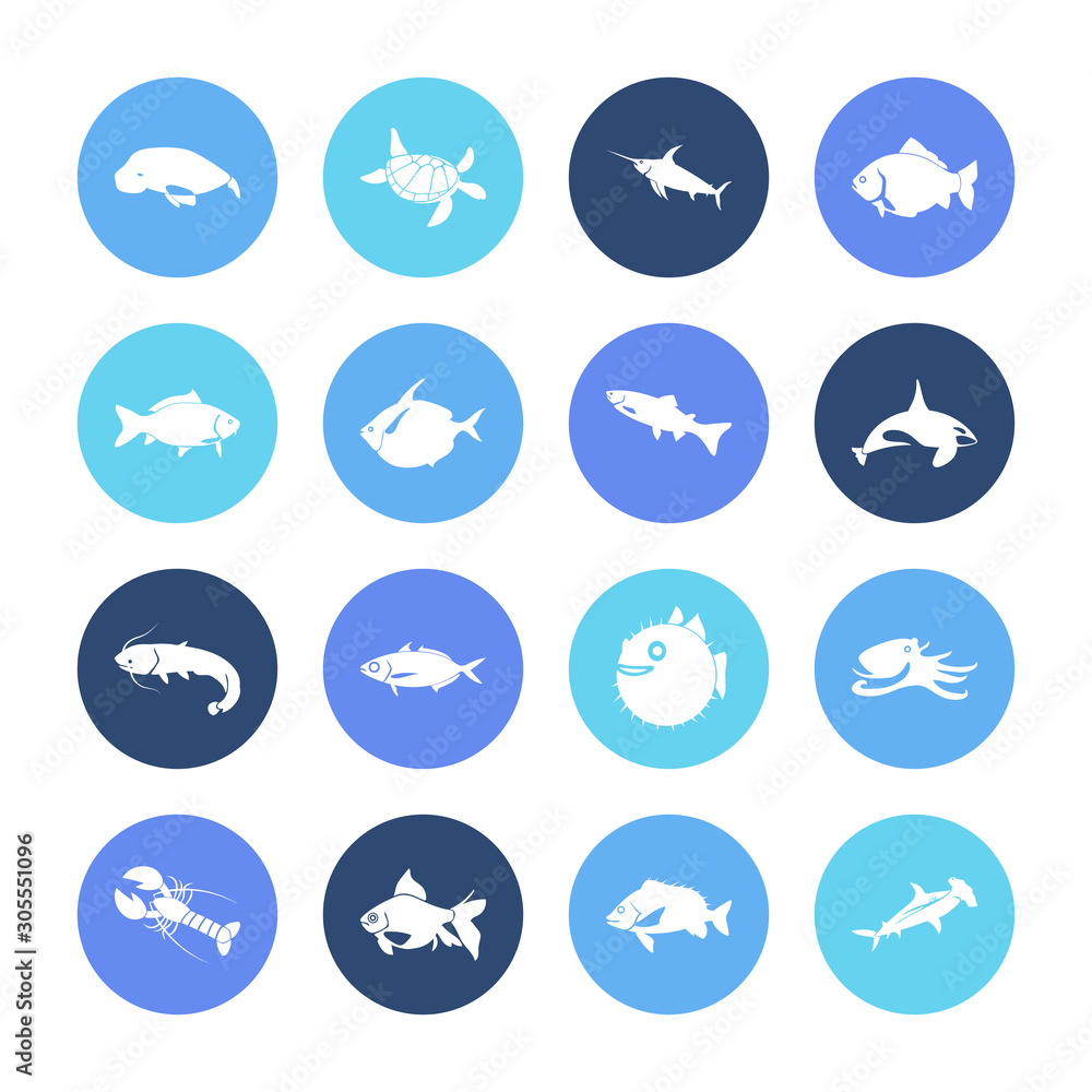 Aquatic icon set and arctic char fish with hammerhead shark, octopus ...