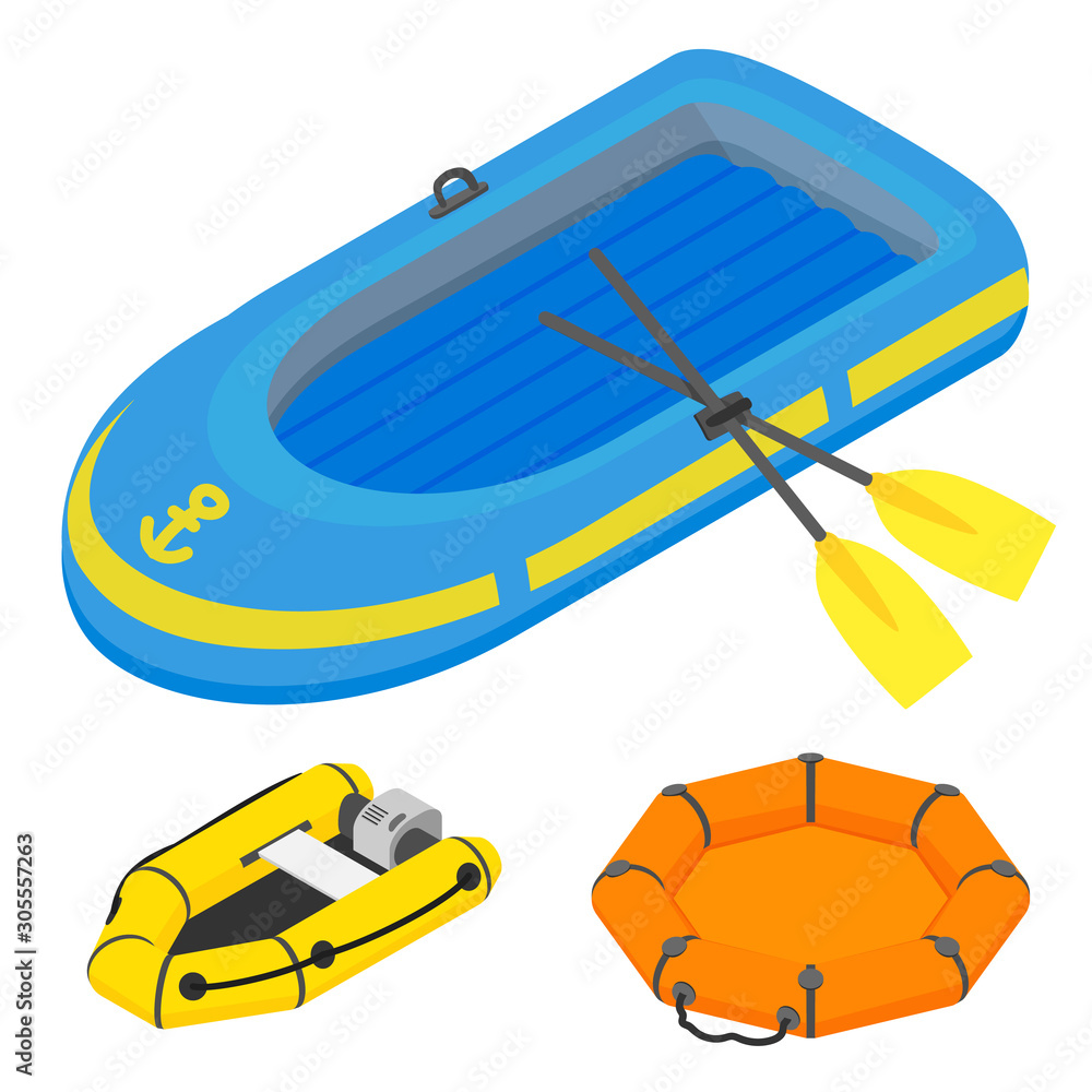 Inflatable boat icons set. Isometric set of inflatable boat vector ...