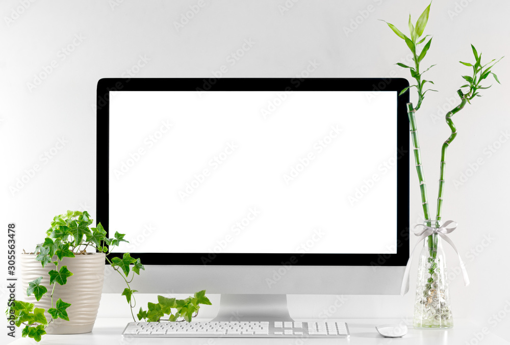 Computer all in one in office table with isolated white screen Stock ...