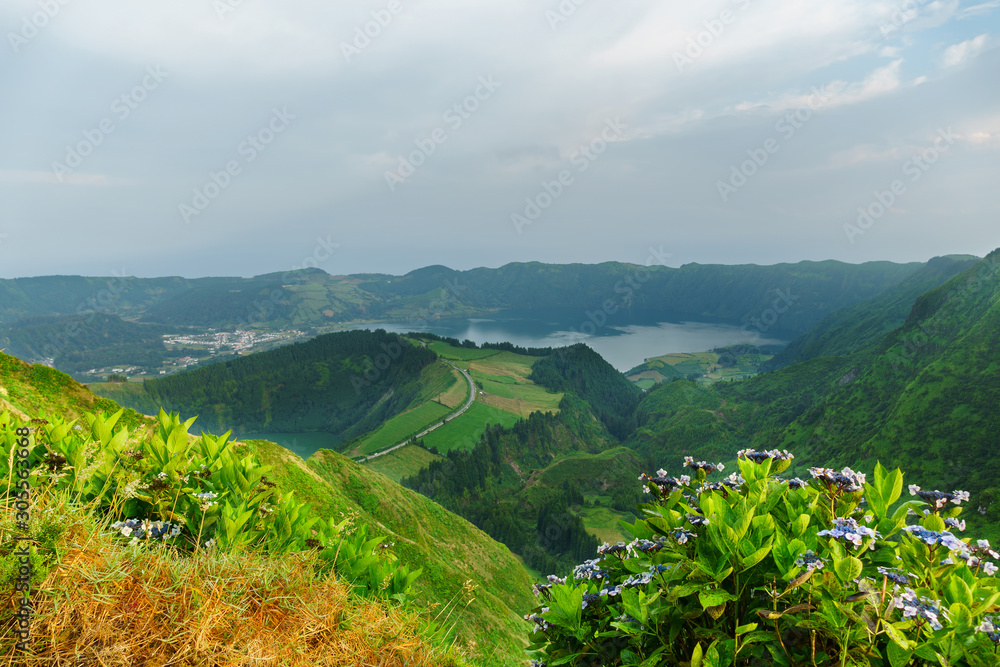 Panoramic view of natural landscape in the Azores, wonderful island of ...